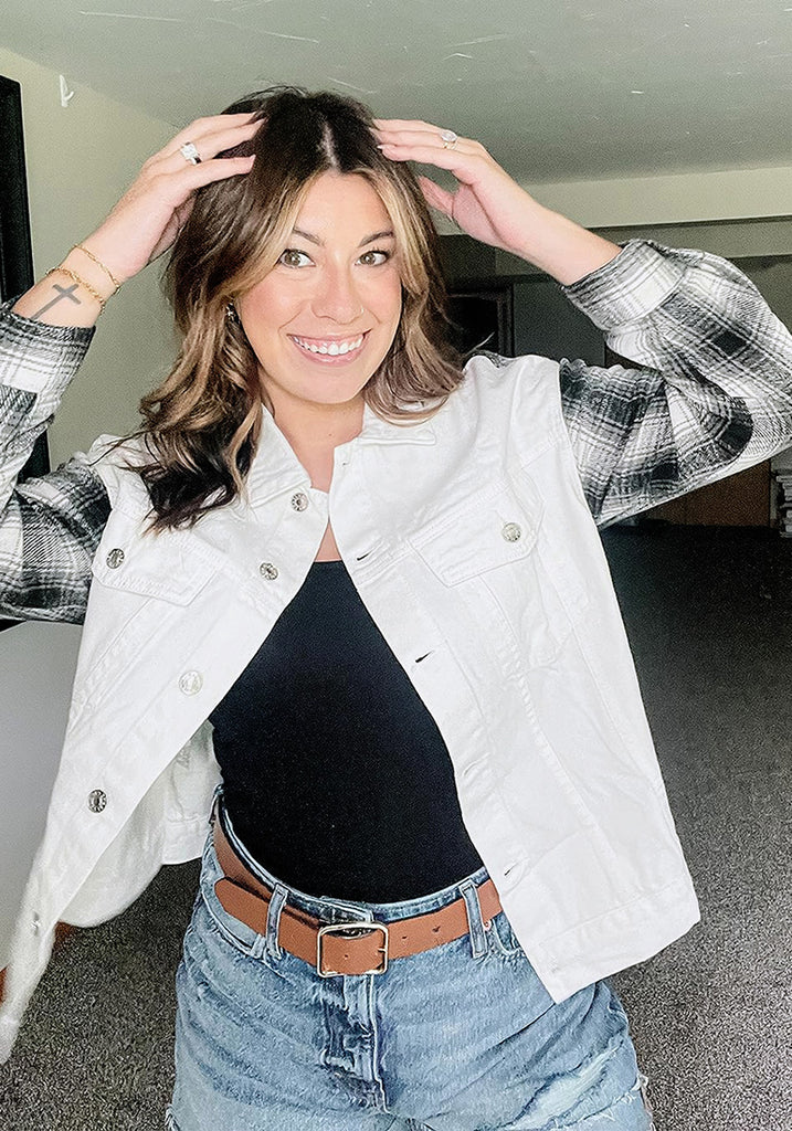 Off White + Black Plaid Women's Denim Oversized Plaid Shacket Jacket V ...