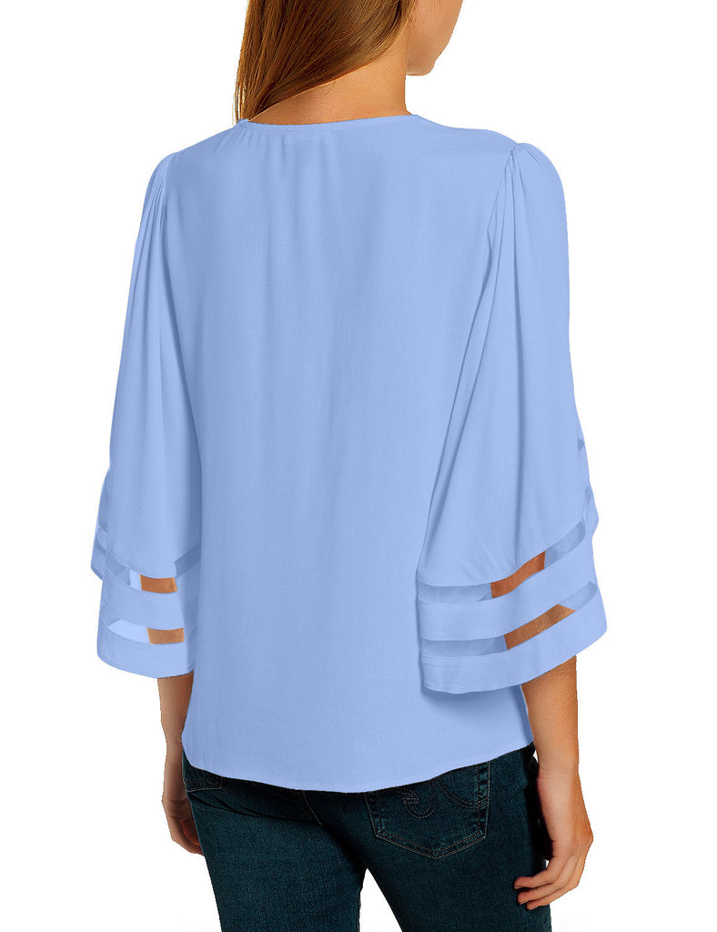 Hydrangea Purple Blue Women's Casual V Neck Mesh Panel Blouse Tops 3/4 ...