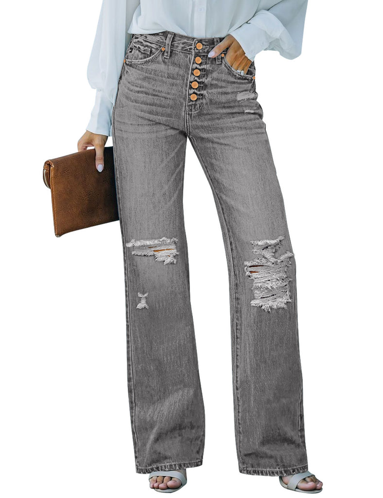 Gray High Waisted Ripped Flare Jeans for Women Distressed Bell Bottom ...