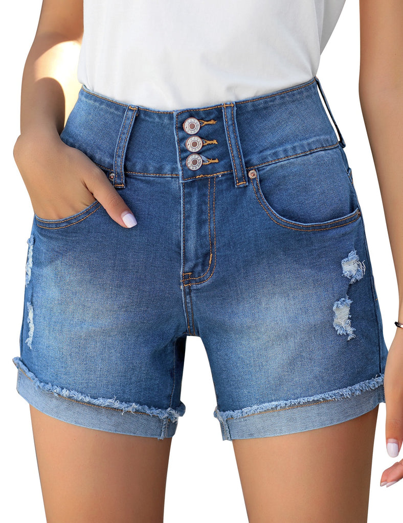 Deep Blue High Waist Folded Raw Hem Distressed Triple Button Denim Sho ...