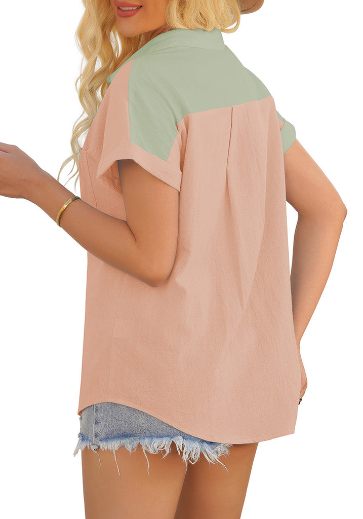 Sage Green Short Sleeves Colorblock Button-Up Top | Lookbook Store
