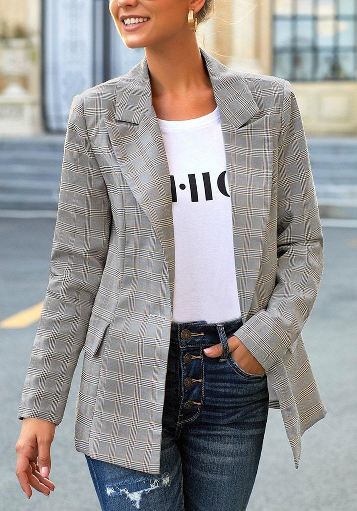 Grey Plaid Lapel Front-Button Side-Pockets Blazer | Lookbook Store