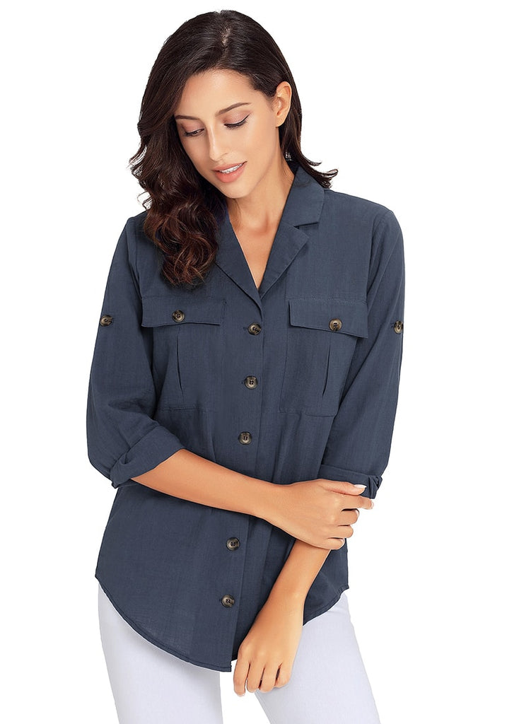 Navy Blue Long Cuffed Sleeves Lapel Button-Up Blouse | Lookbook Store